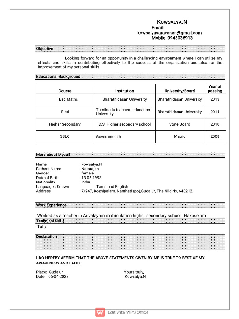 Kowsalya N's Resume Overview | PDF