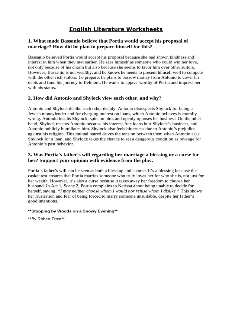 English Literature Analysis Worksheets | PDF | Shylock | Huckleberry Finn