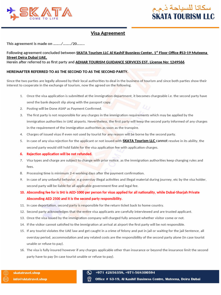 Visa Agreement With Company | PDF | Travel Visa | Payments