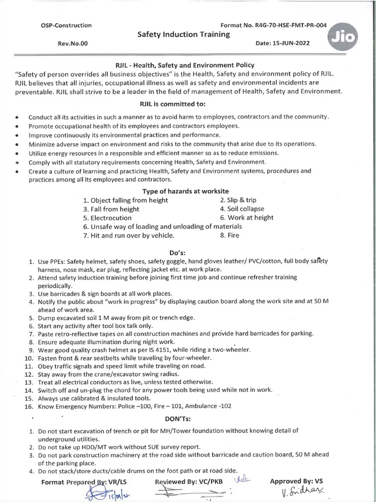 Safety Induction Training - R4G 70 HSE FMT PR 004 | PDF