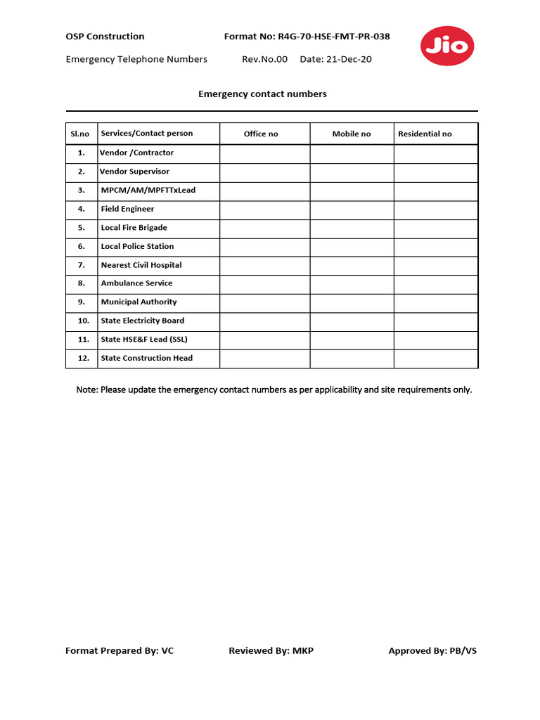 R4G 70 HSE FMT PR 038 Emergency Telephone Numbers | PDF