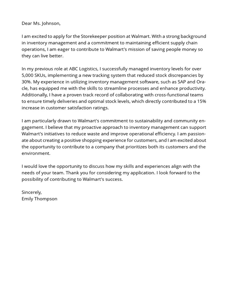 Storekeeper Cover Letter | PDF