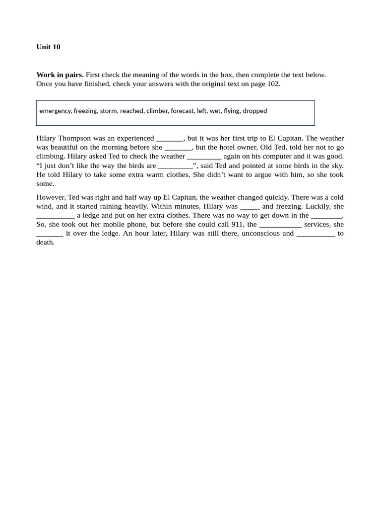 Pioneer Elementary End of Unit 10 Gapfill | PDF