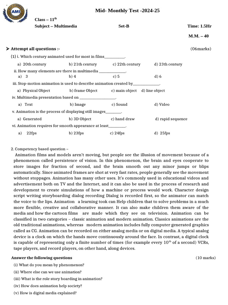 PA-1 Class- 11th Set B | PDF | Animation | Computer Graphics