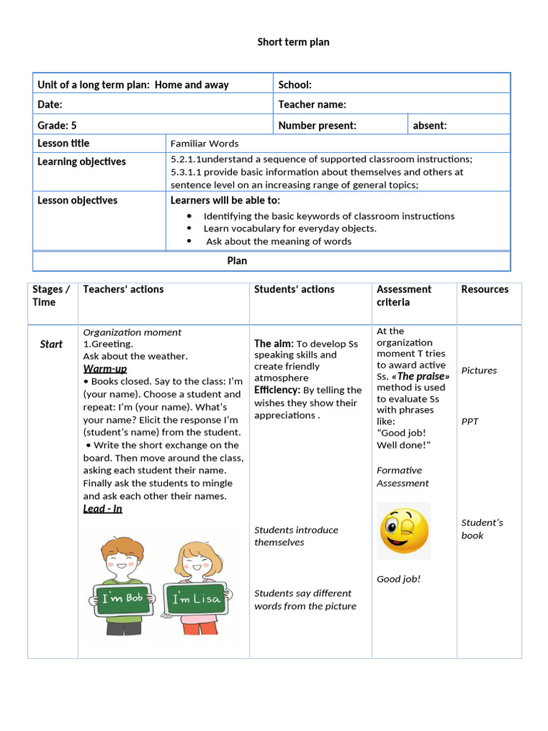Grade 5 ESL Lesson Plans Overview | PDF | Educational Assessment ...