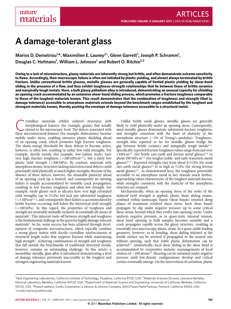 A Damage-Tolerant Glass | PDF | Fracture | Strength Of Materials
