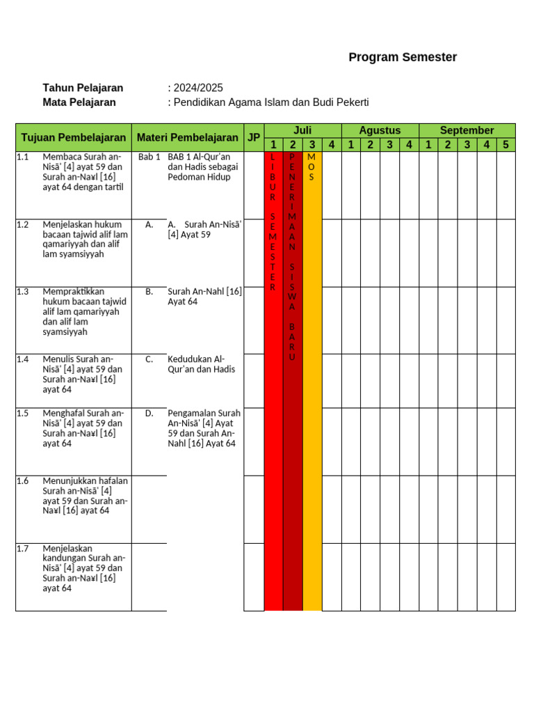 Program Semester Pendidikan Agama Islam | PDF