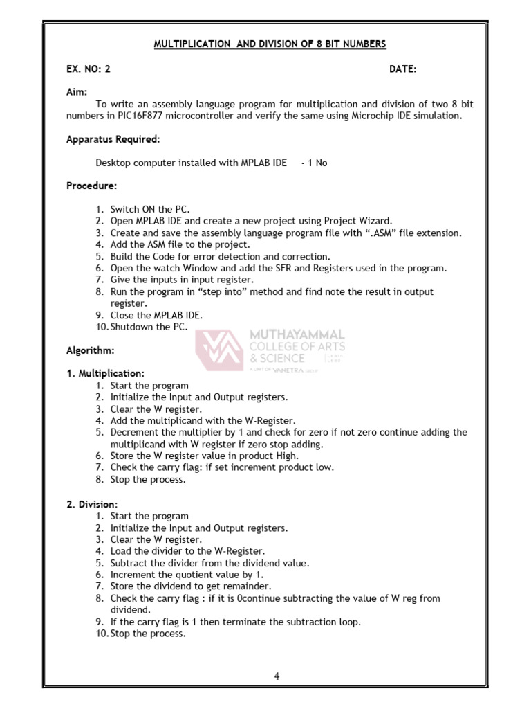 PIC16F877 8-Bit Math Guide | PDF | Multiplication | Division (Mathematics)