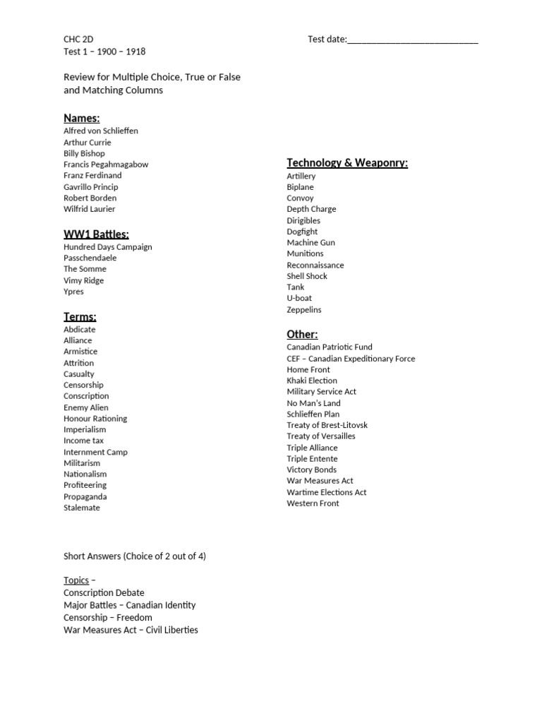 WW1 Test Review Part 1 - Terms | PDF