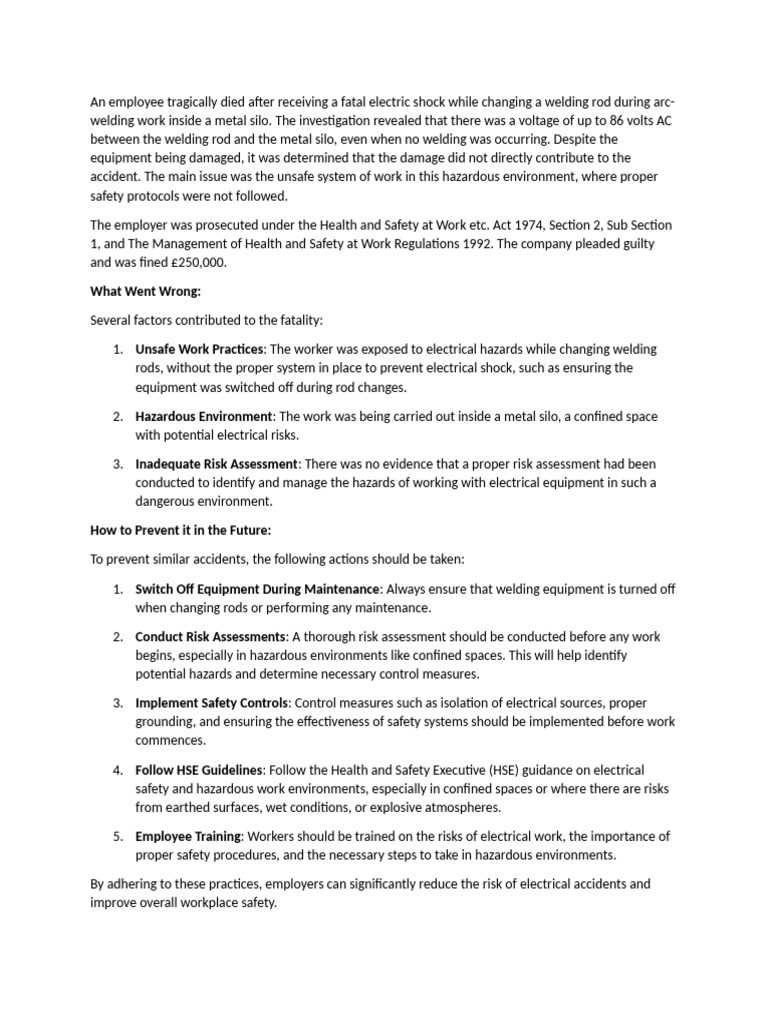 Fatal Electric Shock in Welding Incident | PDF | Occupational Safety ...