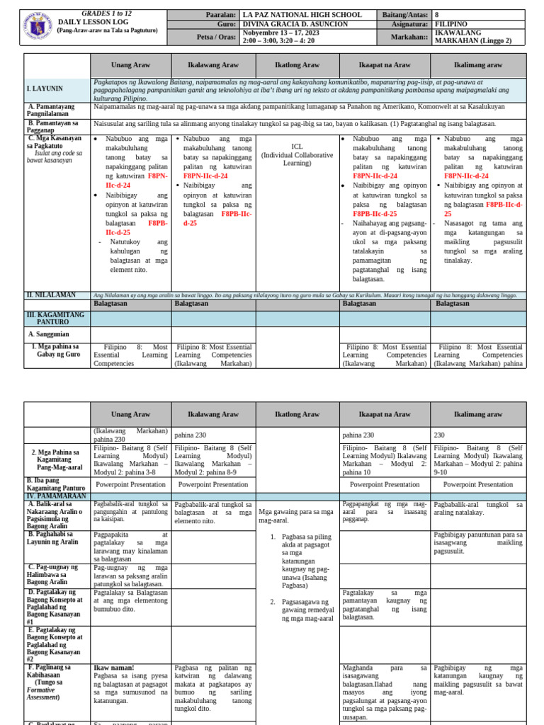 DLL Filipino 8 (Ikalawang Markahan Linggo 2) | PDF