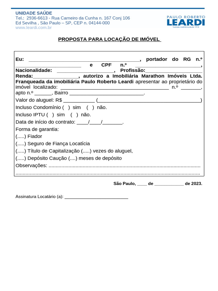 Formulario Proposta de Locacao | PDF