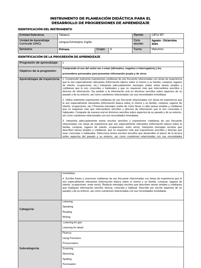 Planeacion de Ingles CBTis 167 | PDF | Enseñando | Información