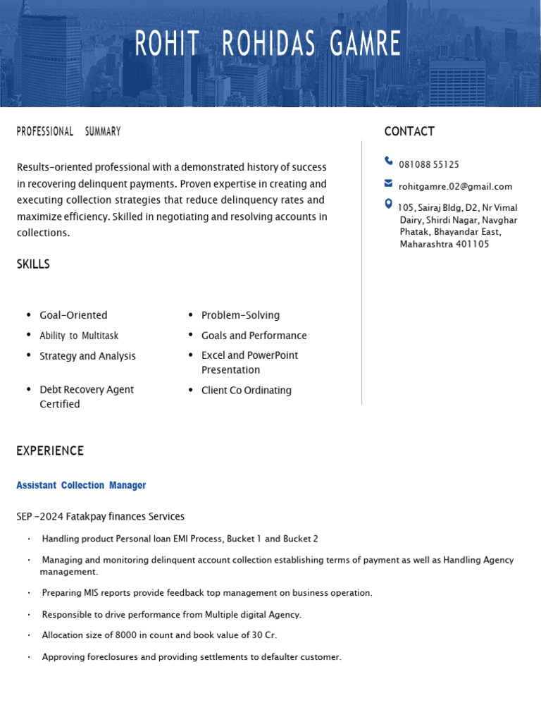 Rohit Rohidas Gamre CV (2) - 1 | PDF | Loans | Credit Card
