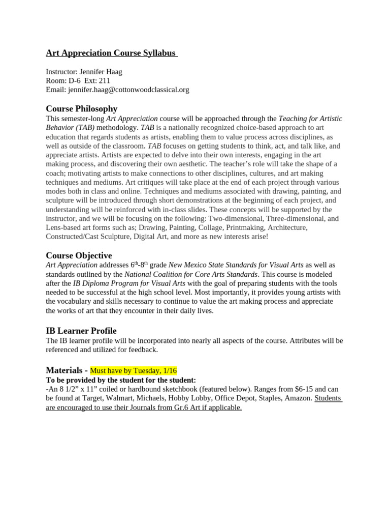 Art Appreciation Course Syllabus 2024 | PDF | Visual Arts Education ...