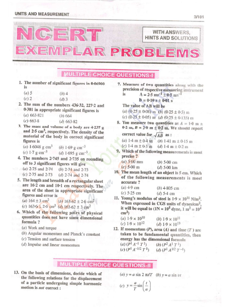 Class 11 CBSE - Physics Units and Dimensions Assignment 1 | PDF