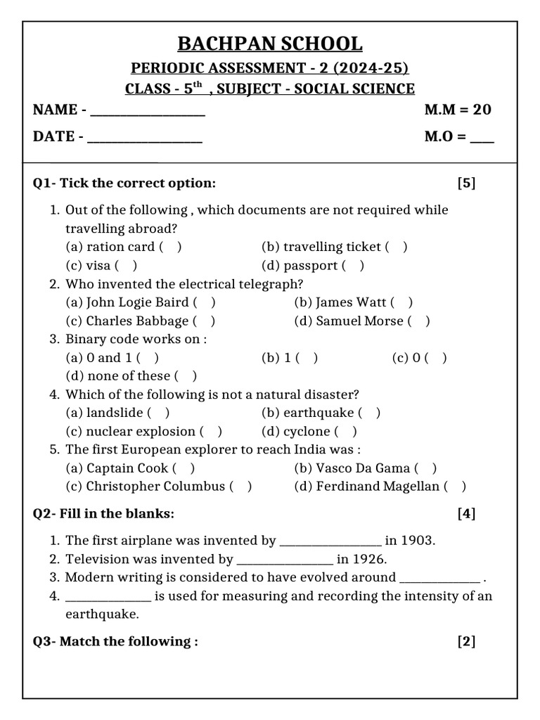 Class-5th, Social Science Paper Pa 2 | PDF