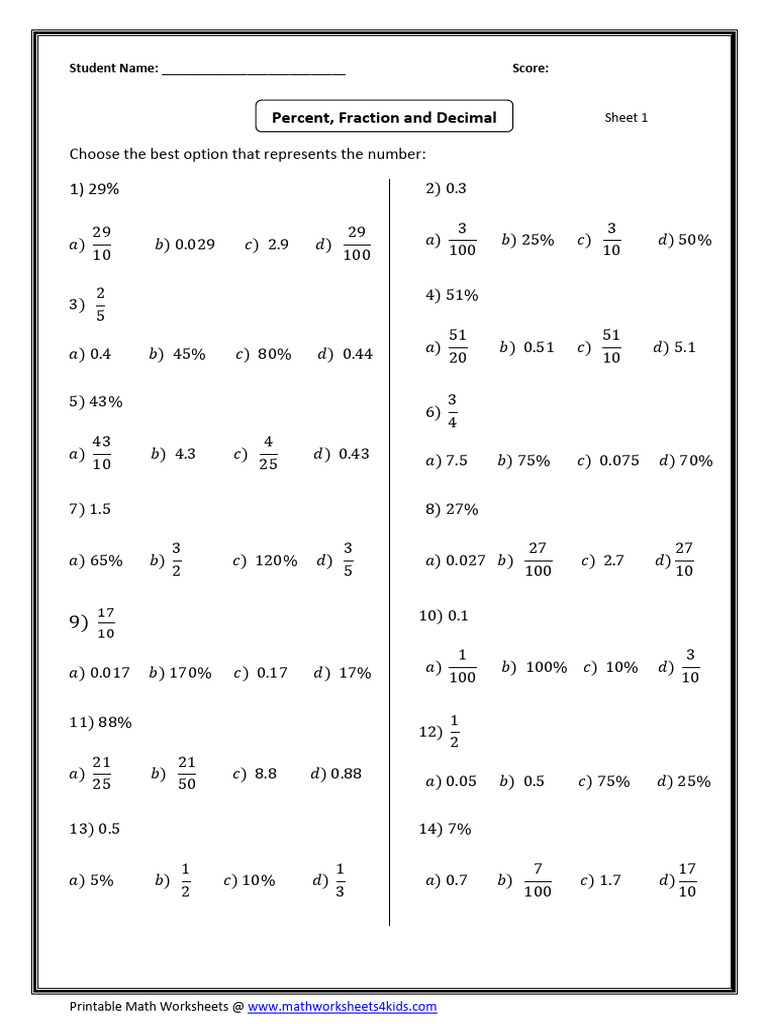 Frac - Dec - % Multiple Choice 1 | PDF | Division (Mathematics ...