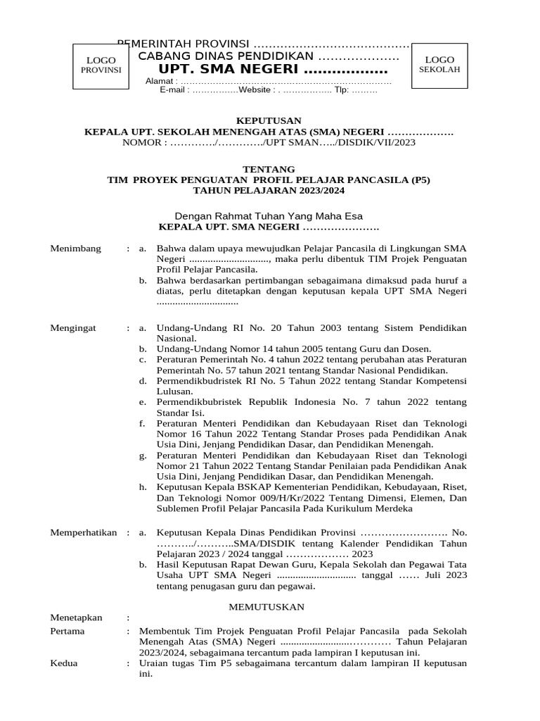 Pembentukan Tim P5 SMA 2023/2024 | PDF