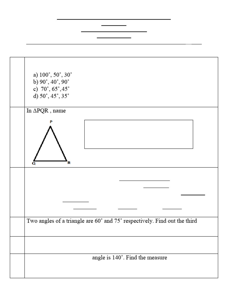 Elements of Triangle and Angle Sum Property Assignment 1 | PDF