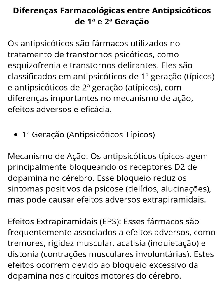 Diferenças Farmacológicas Entre Antipsicóticos de 1 e 2 Geração Os ...