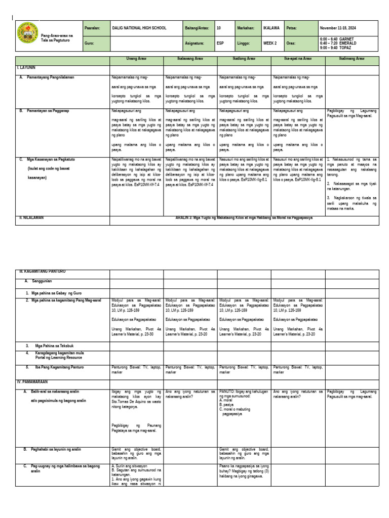 DLL ESP10- Q2-Week 2-Lesson 3(1)MAKATAONG PAGPAPASYA | PDF