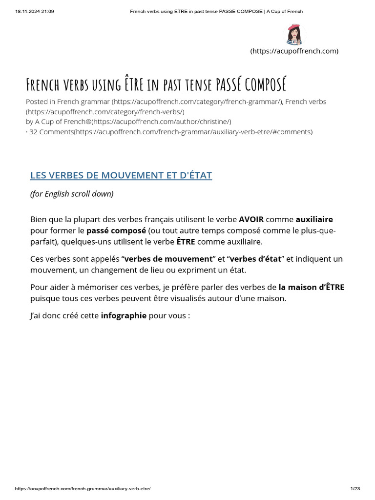 ÊTRE in Past Tense PASSÉ COMPOSÉ - A Cup of French | PDF | Verbe ...