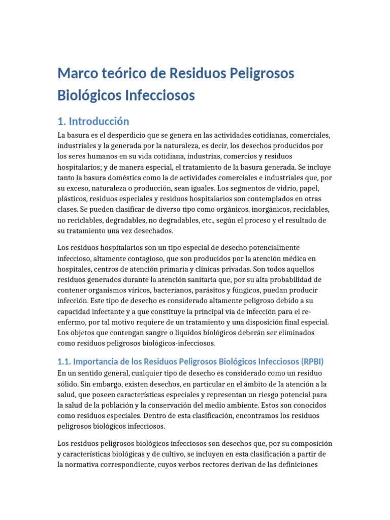 Marco Teórico de Residuos Peligrosos Biológicos Infecciosos | PDF | Residuos | Infección