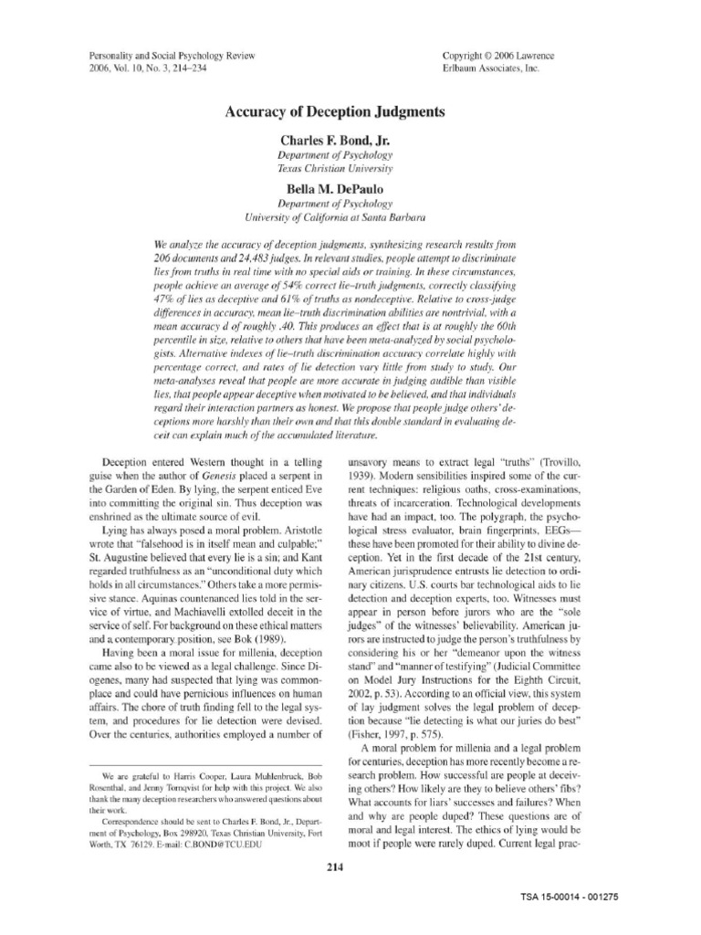2006 Personality and Social Psychology Review Accuracy of Deception Judgements | PDF | Deception ...