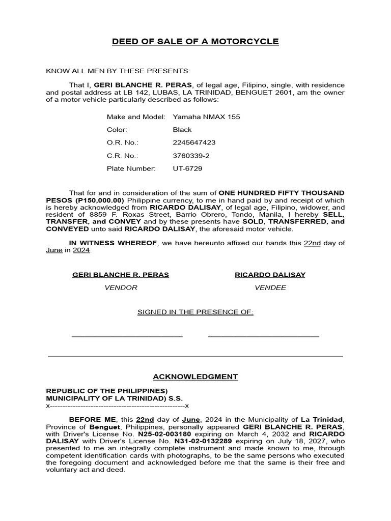 Edited-Deed of Sale of A Motorcycle | PDF | Legal Documents | Vehicles