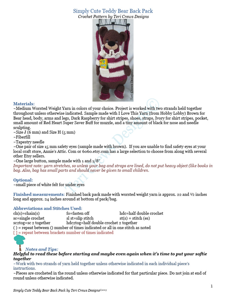 Teri's Cute Teddy Bear Backpack Pattern | PDF | Crochet | Yarn