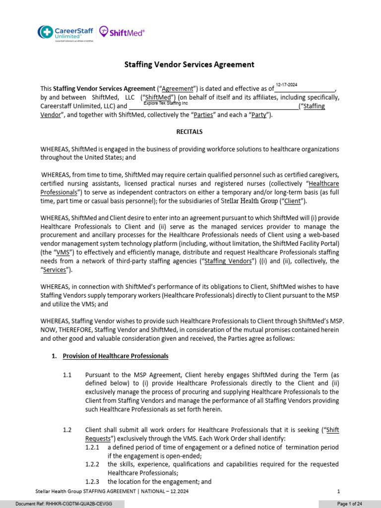 Staffing Agreement for Healthcare Vendors | PDF | Indemnity | Damages