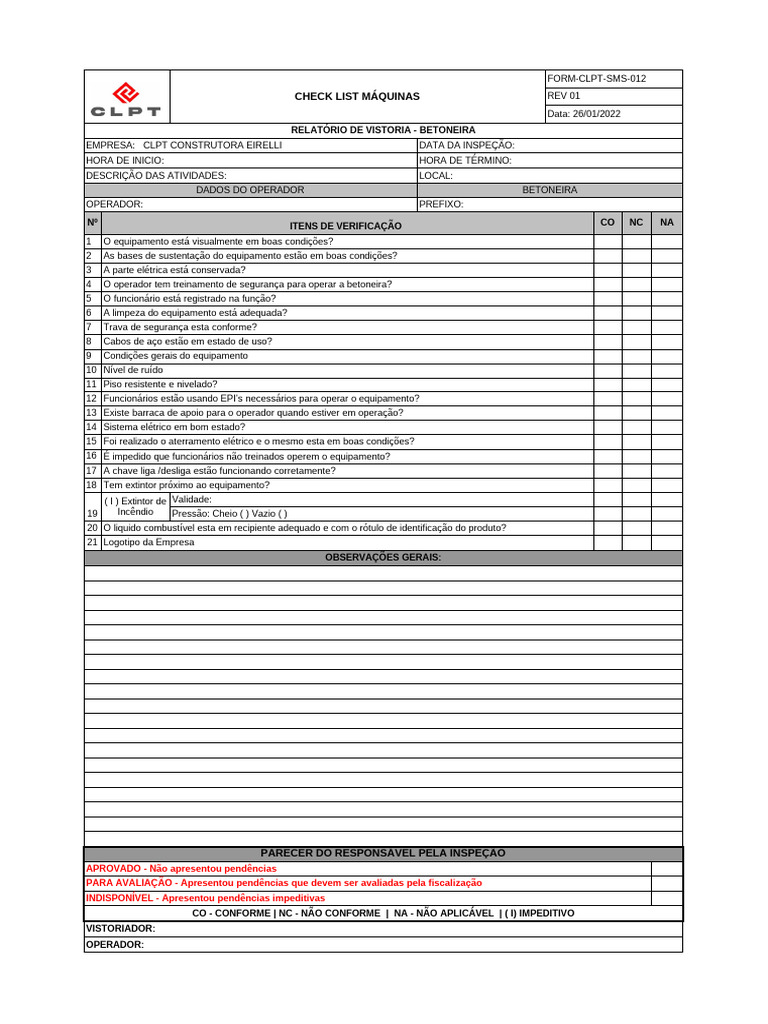 Form CLPT Sms 012 Relatório de Vistoria Betoneira | PDF
