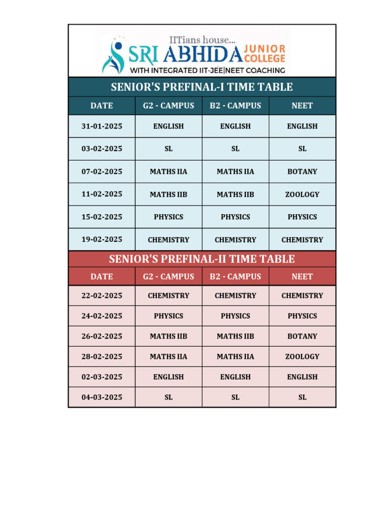 Senior Prefinal Exam Time Table 2025 | PDF