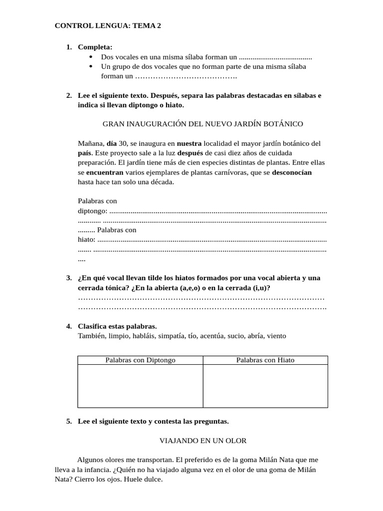 Examen Hiatos Diptongos | PDF | Oración (Lingüística)