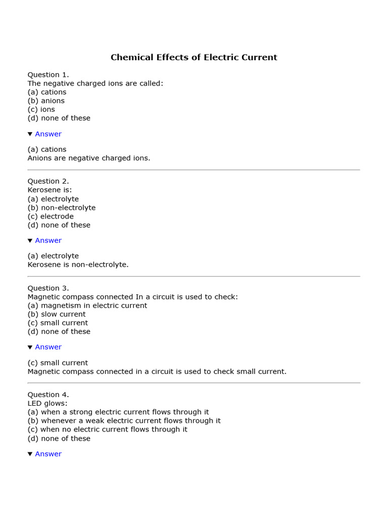 Chemical Effect of Current (MCQ) | PDF | Ion | Electric Current