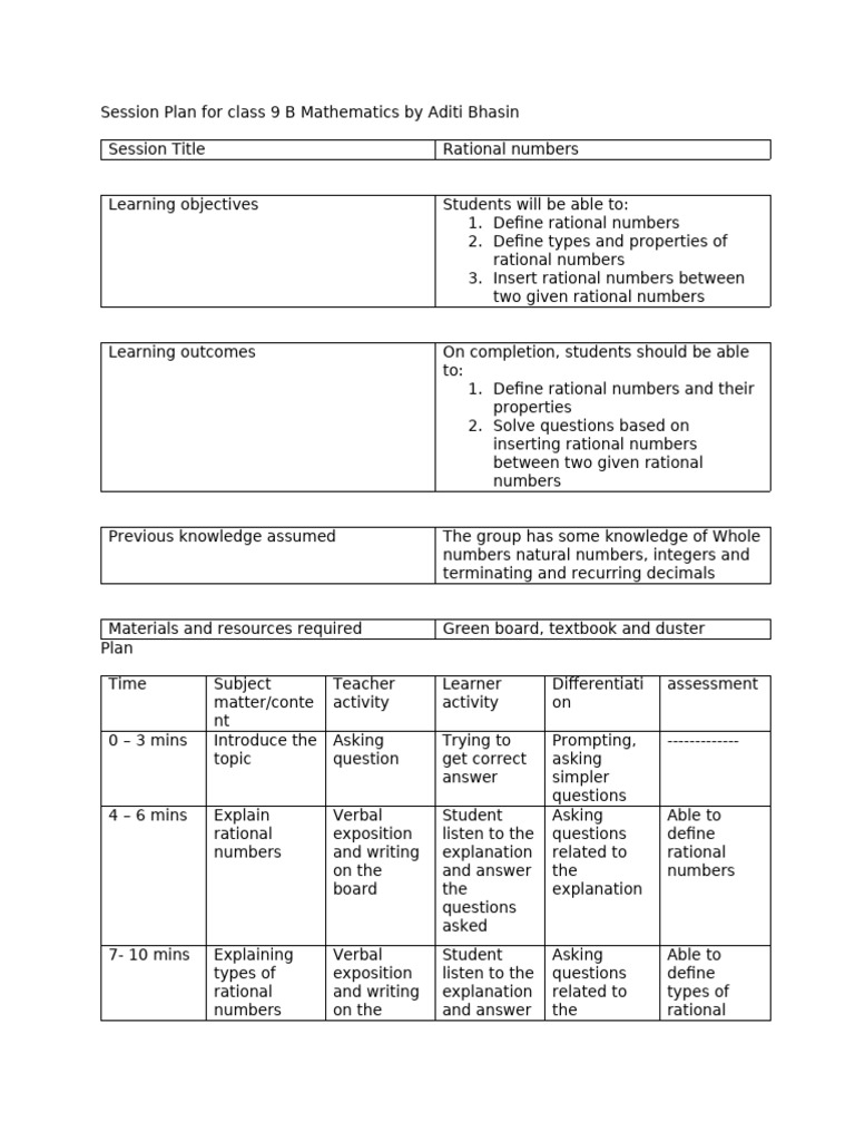 session plan | PDF | Rational Number | Learning
