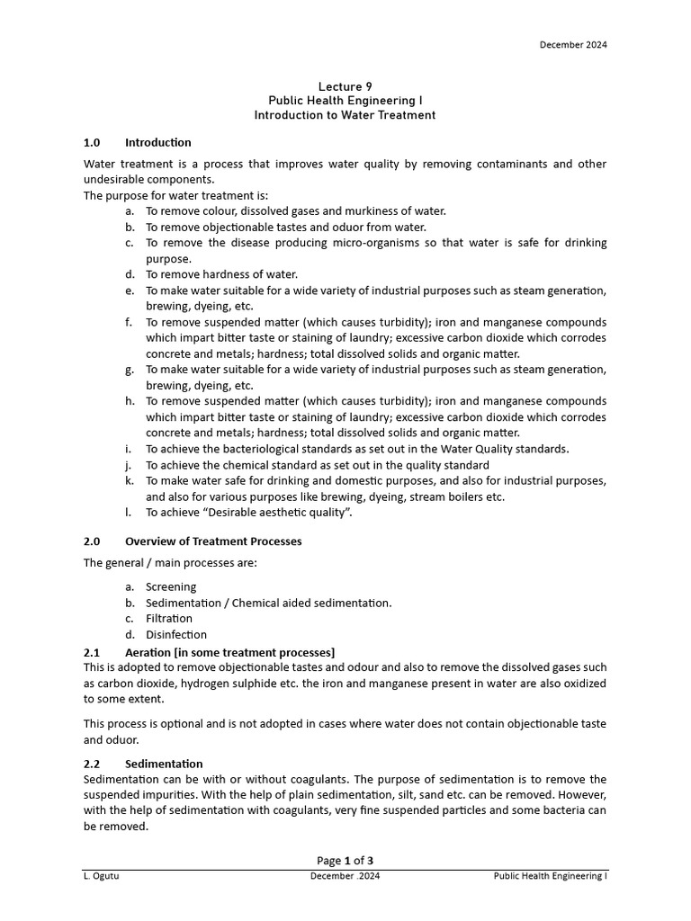 Lecture 9 - Introduction To Treatment - 07.01.2025 | PDF | Water Purification | Transparent ...