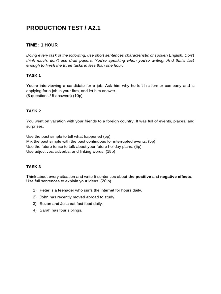 B1 PRODUCTION Mid-Level TEST | PDF