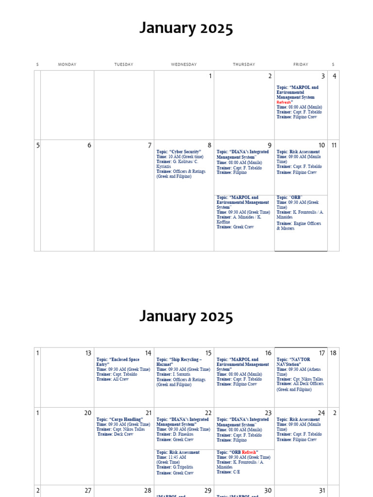 January 2025 Training Schedule | PDF | Water Transport | Shipping