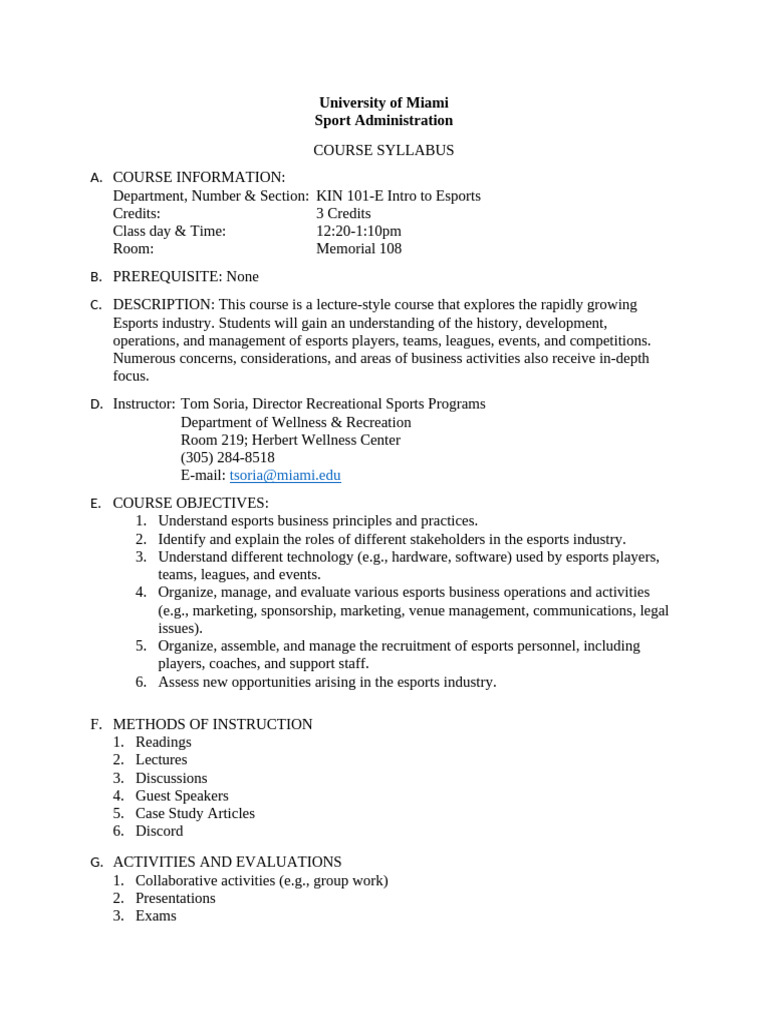 Esports 101 Syllabus Fall 2024 | PDF