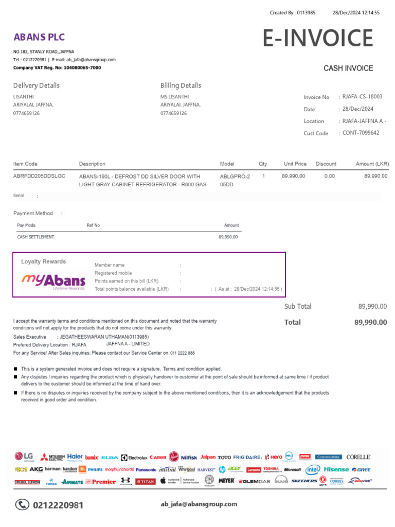 Abans PLC Cash Invoice - Jaffna | PDF | Apple Inc. | Refrigerator