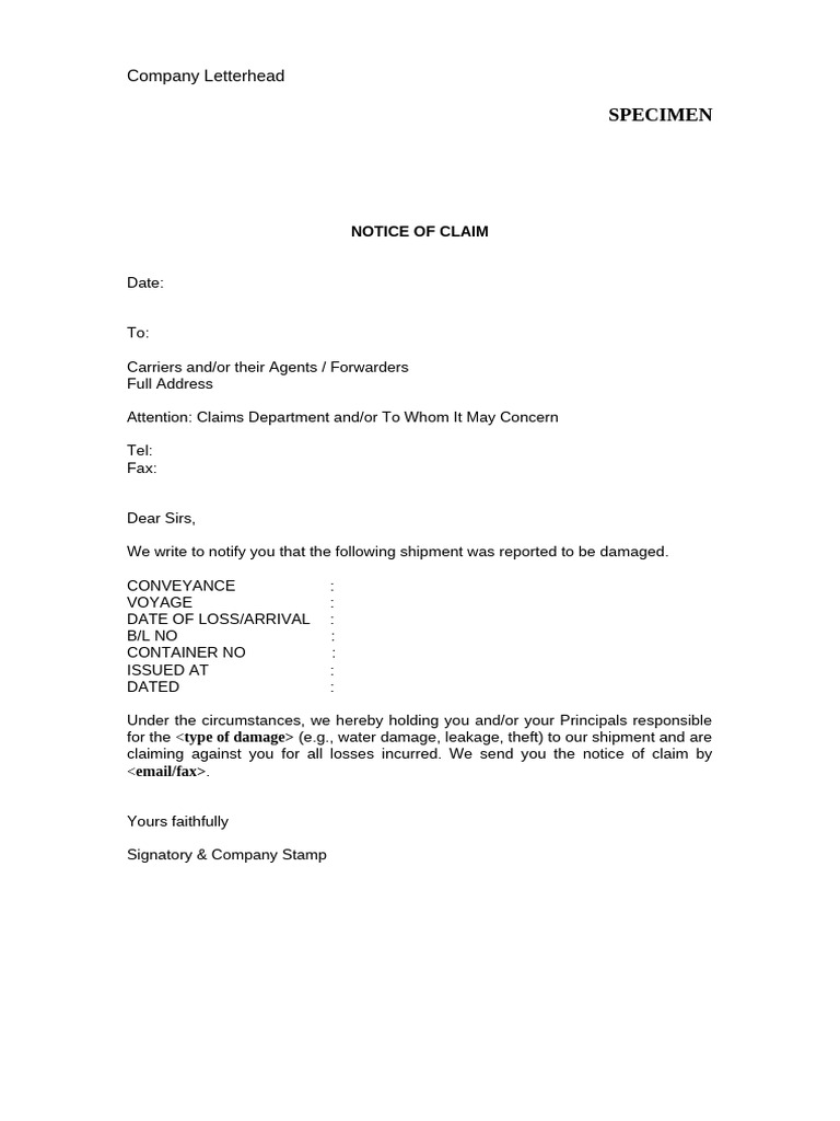 Cargo Damage Claim Notification Sample | PDF