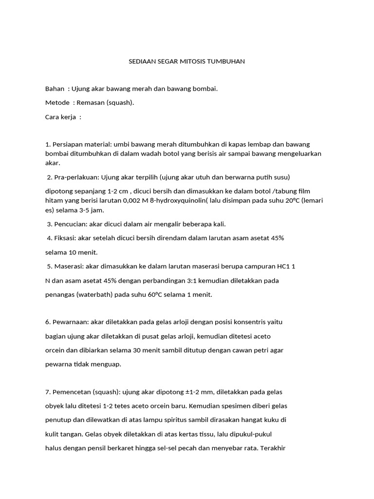 Panduan - Sediaan Segar Mitosis Tumbuhan | PDF