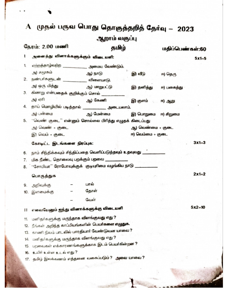 6th Tamil Term 1 Exam 2023 Original Question Paper Thiruvallur District PDF Download | PDF