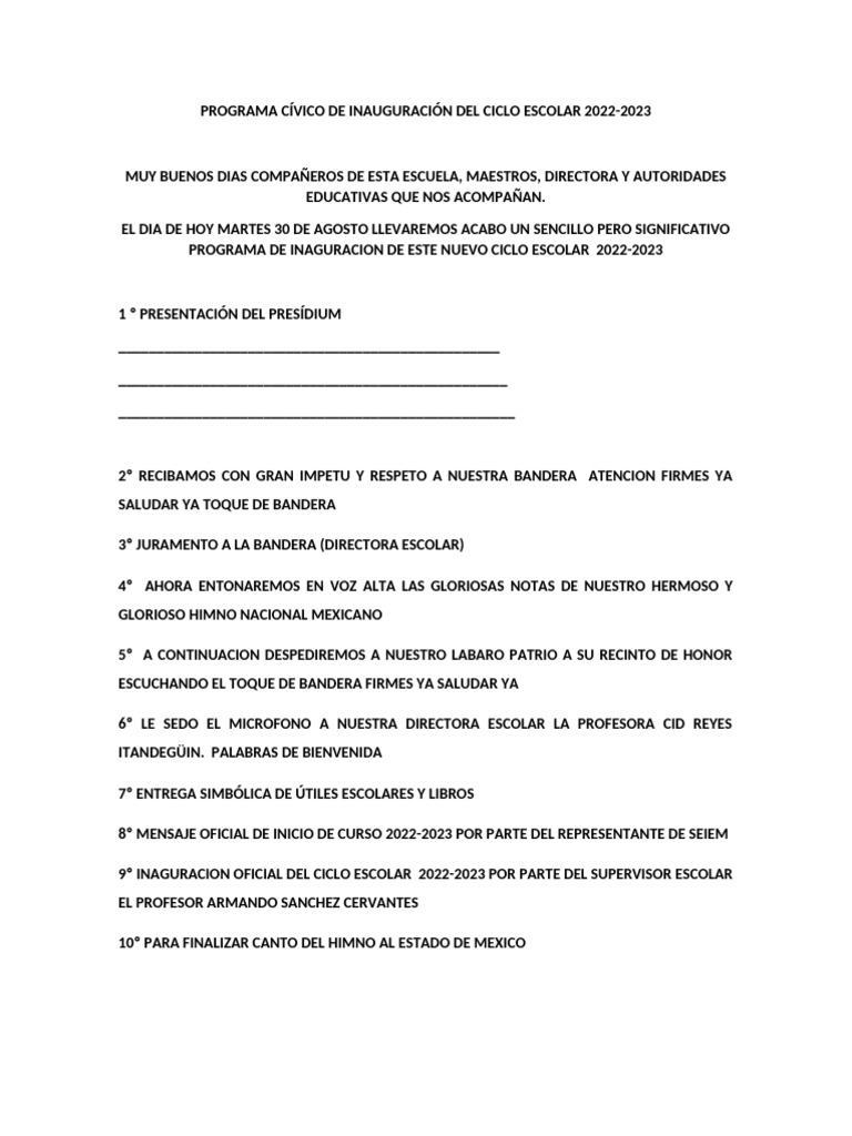 PROGRAMA CÍVICO DE INAUGURACIÓN DEL CICLO ESCOLAR 2022 | PDF