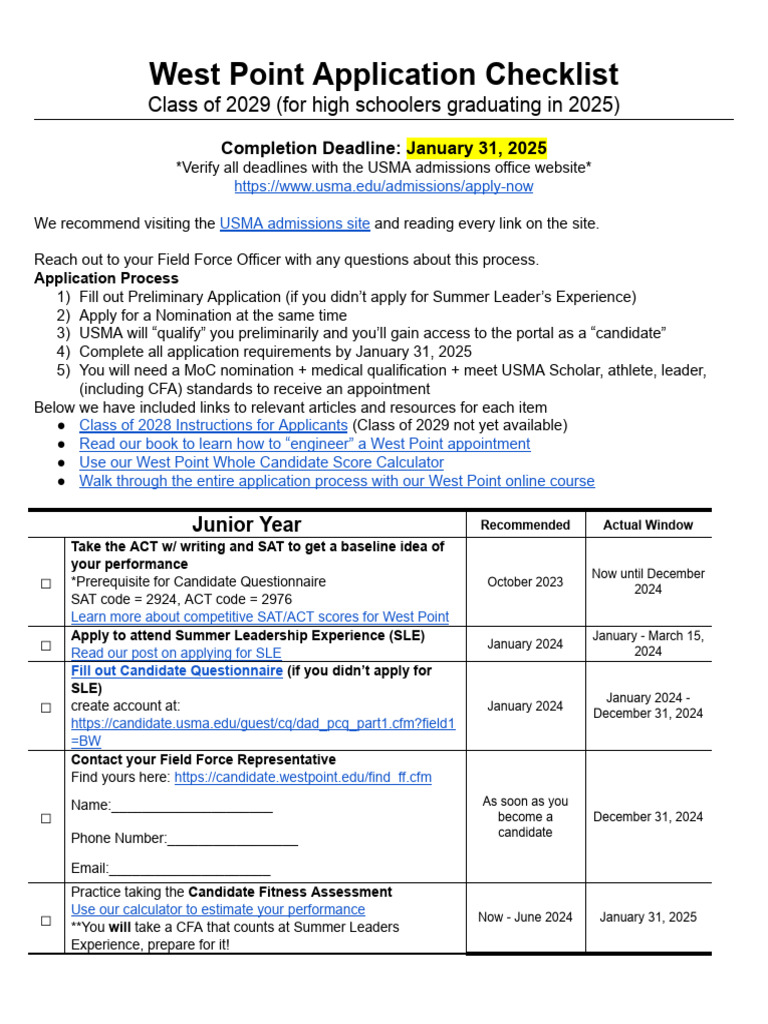 West Point Application Checklist 2029 | PDF | Sat | United States ...