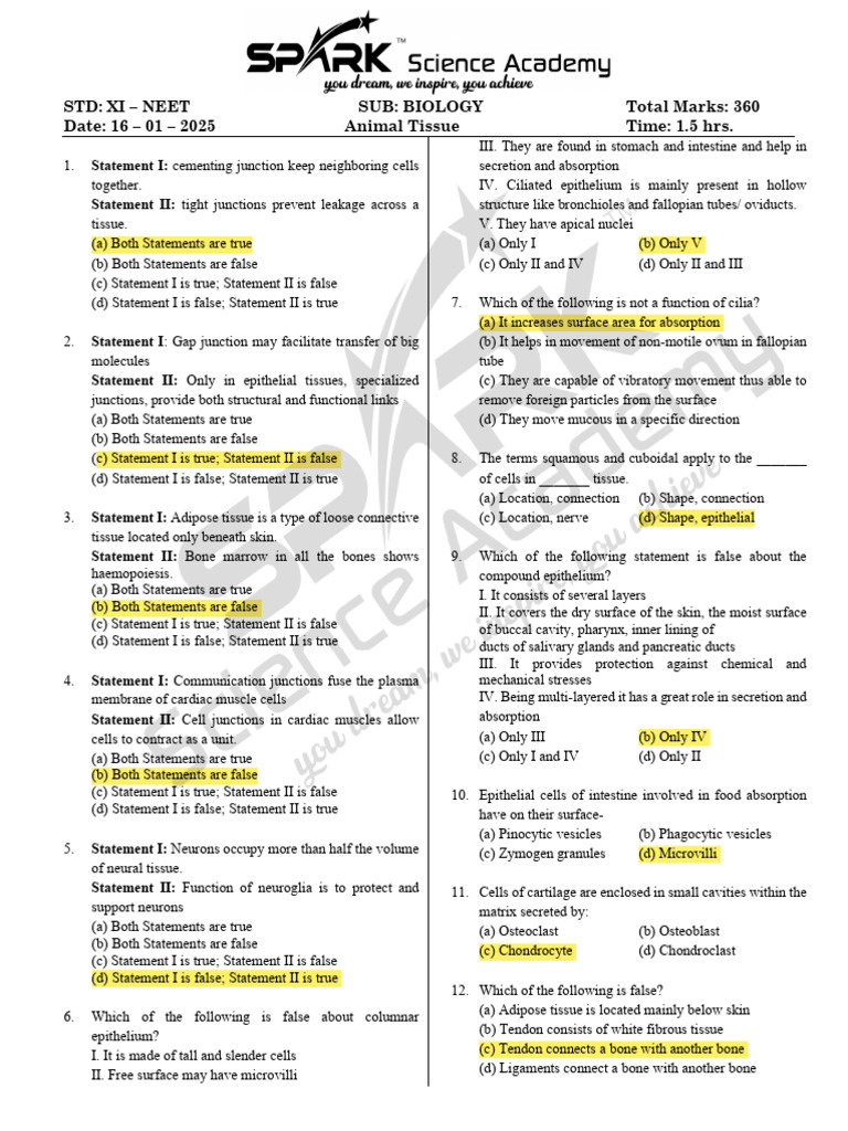 XI-NEET-Animal Tissue-16!01!2025 Test Answer Key | PDF | Epithelium ...