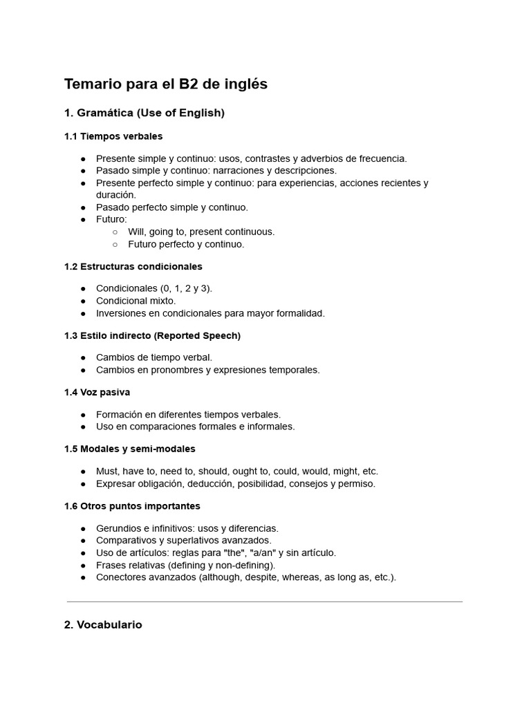 Resumen Temario para El B2 de Inglés | PDF | Aprendizaje | Gramática