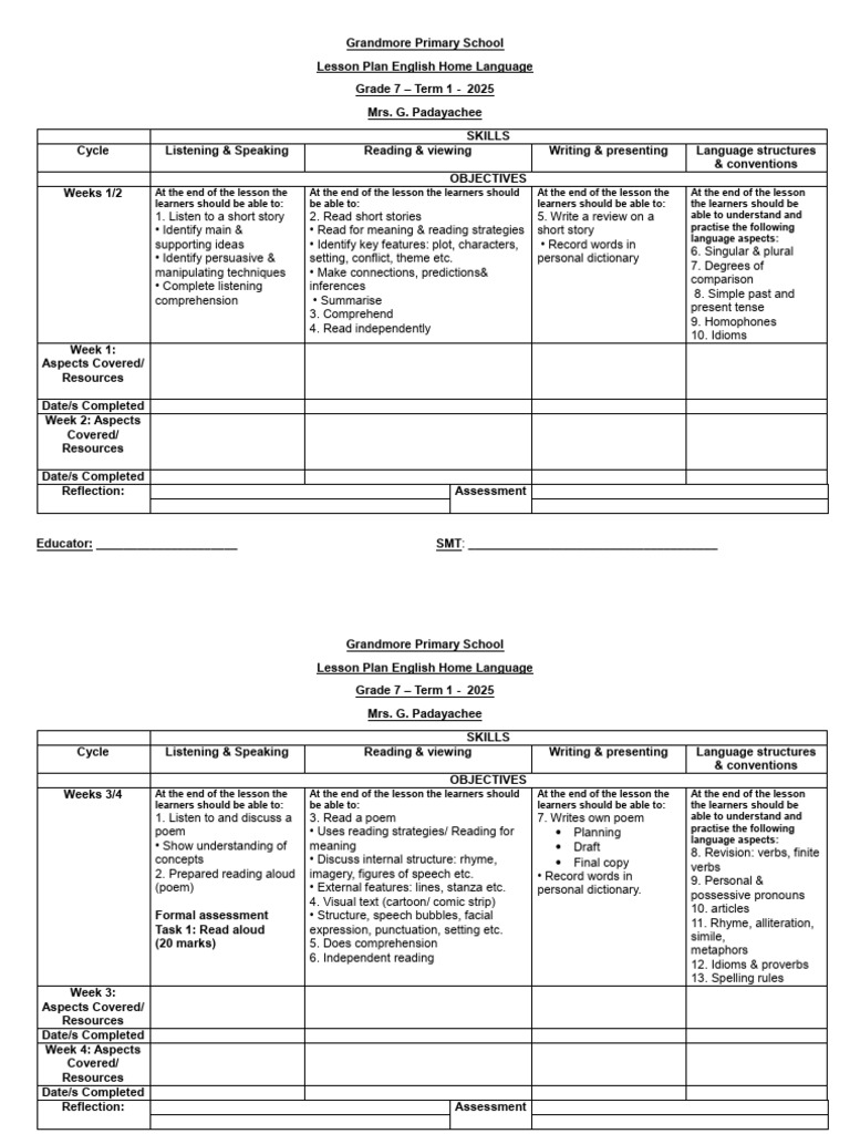 Grade 7 English Lesson Plan Term 1 | PDF | Reading Comprehension ...